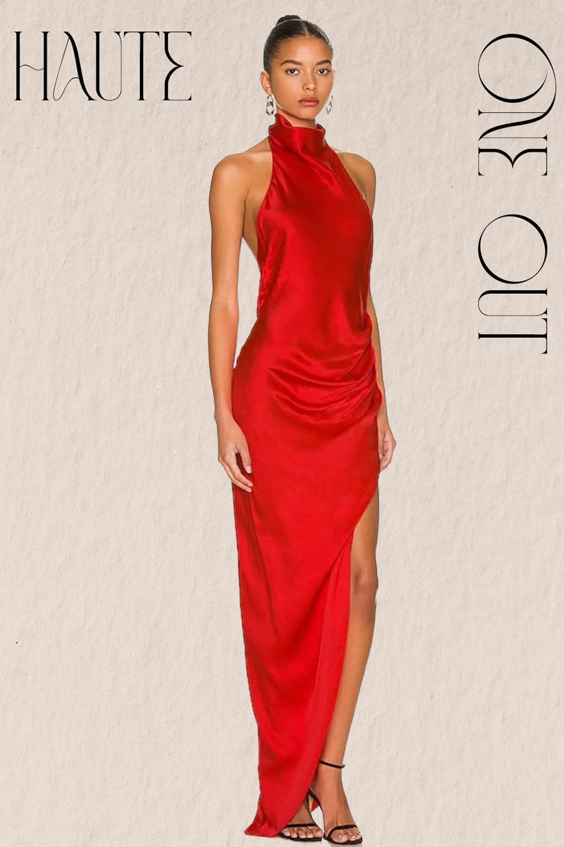 Elegant Red Halter-Neck Satin Gown – Haute One Out